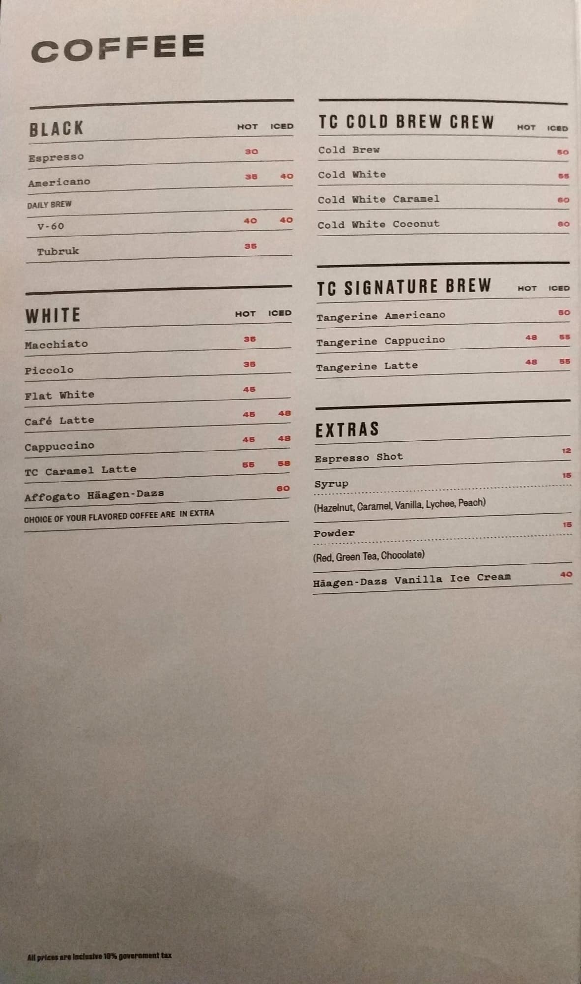 Menu at Tanamera Coffee Plaza Indonesia cafe, Jakarta