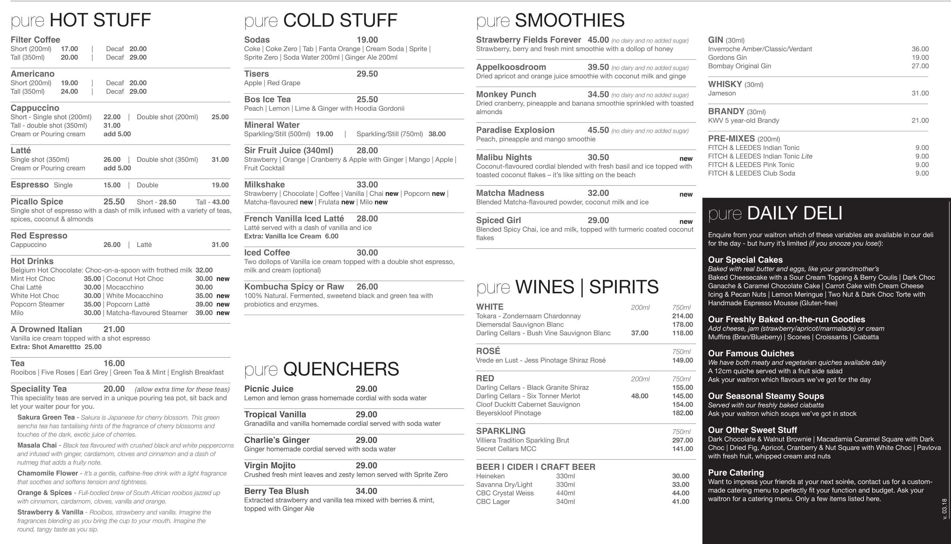 Menu at Pure Cafe, Pretoria, Schoeman St