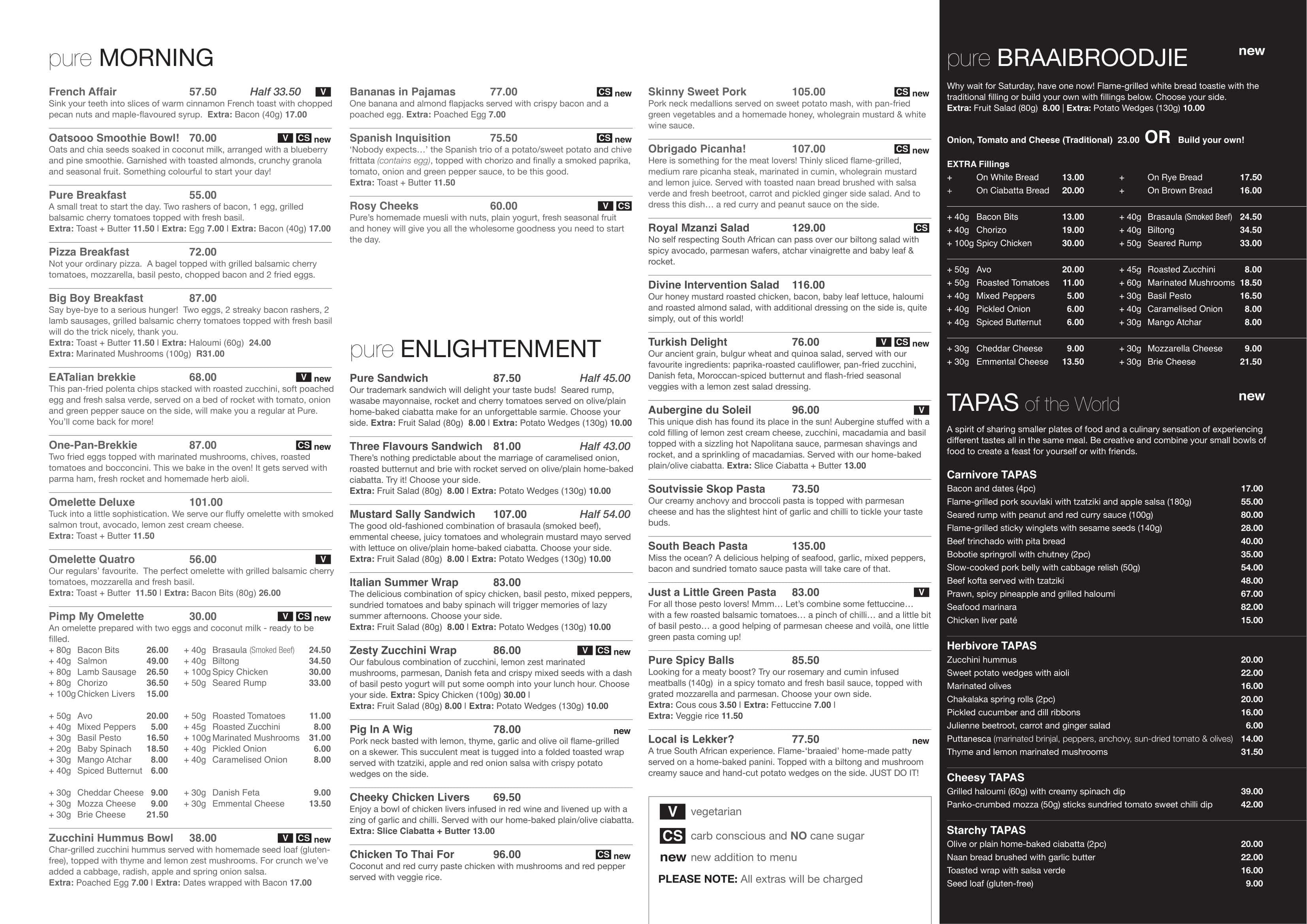 Menu at Pure Cafe, Pretoria, Schoeman St