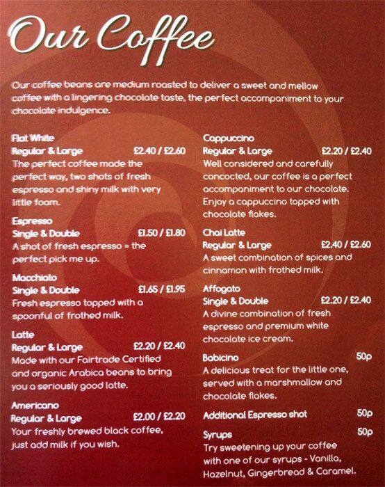 Menu at Coro The Chocolate Cafe, Edinburgh, 5 Howard St