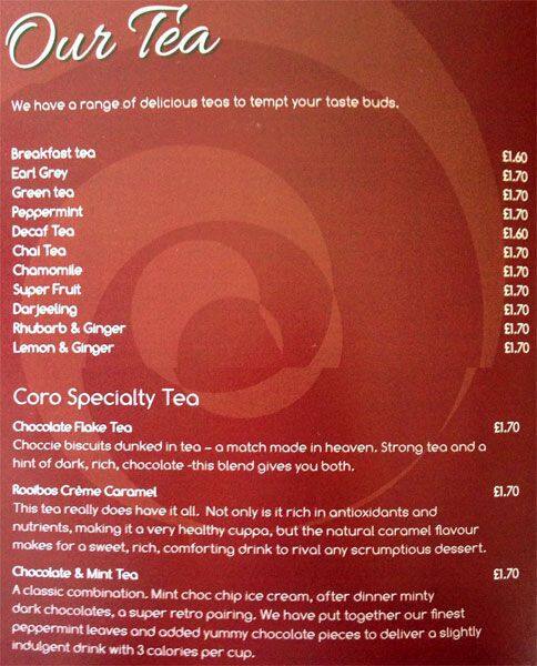 Menu at Coro The Chocolate Cafe, Edinburgh, 5 Howard St
