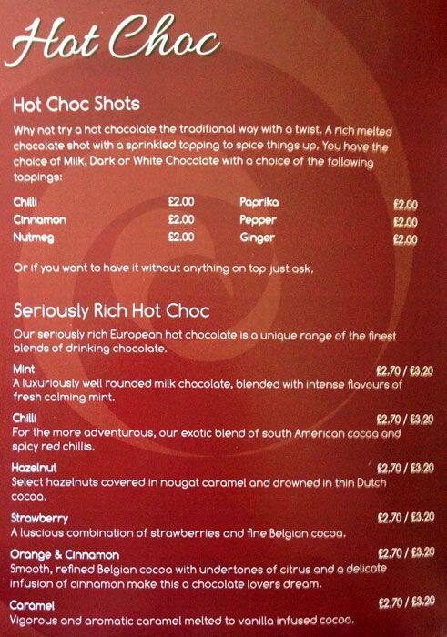 Menu at Coro The Chocolate Cafe, Edinburgh, 5 Howard St