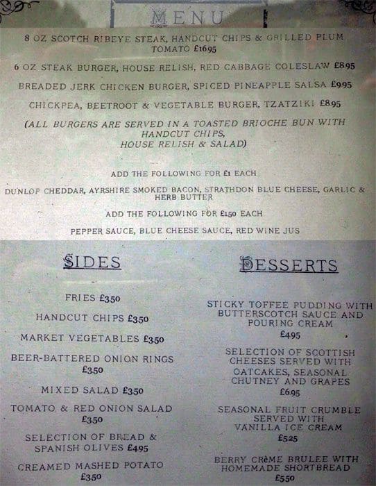 Menu at Drake restaurant, Glasgow, 1 Lynedoch St