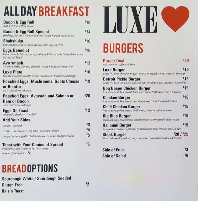 Menu at Luxe Bar, Bondi Junction, Food Court Westfield