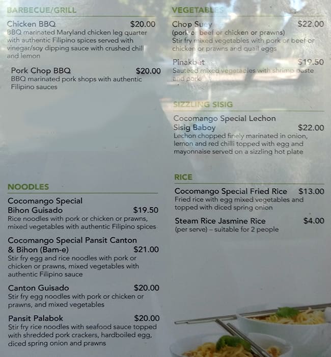 Menu at Coco Mango restaurant, Redcliffe