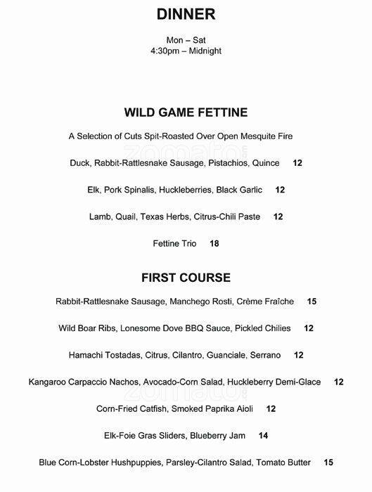 Menu at Lonesome Dove Austin steakhouse, Austin