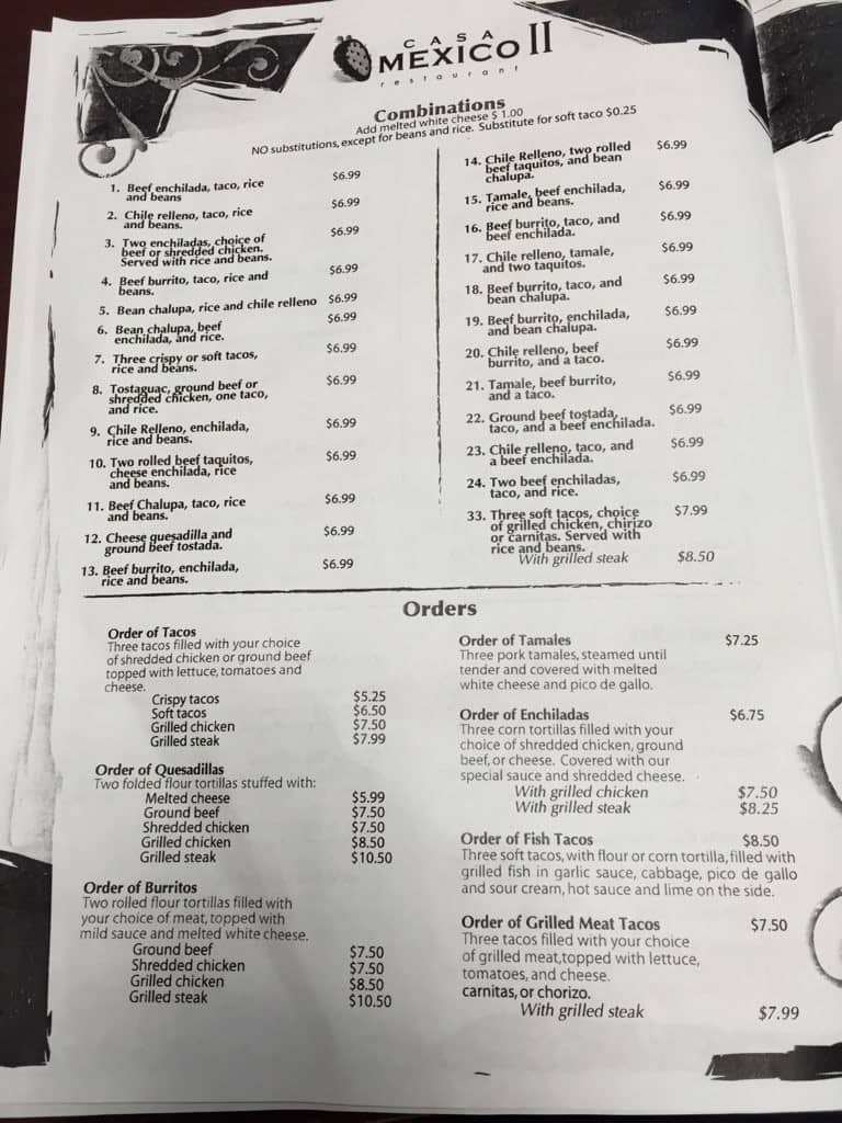 Menu at Casa Mexico II restaurant, Warner Robins