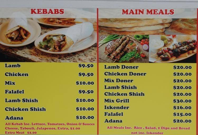 Menu at Springvale Kebab fast food, Springvale
