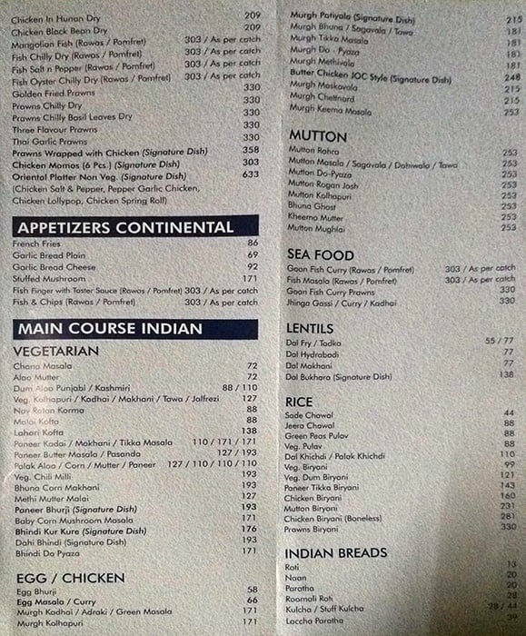 Menu at Chembur Gymkhana, Mumbai