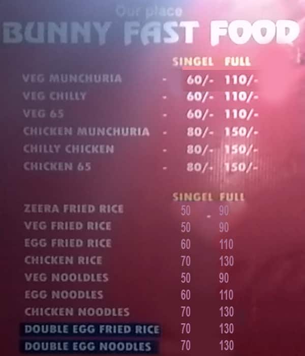 Menu of Bunny Fast Food, Gachibowli, Hyderabad