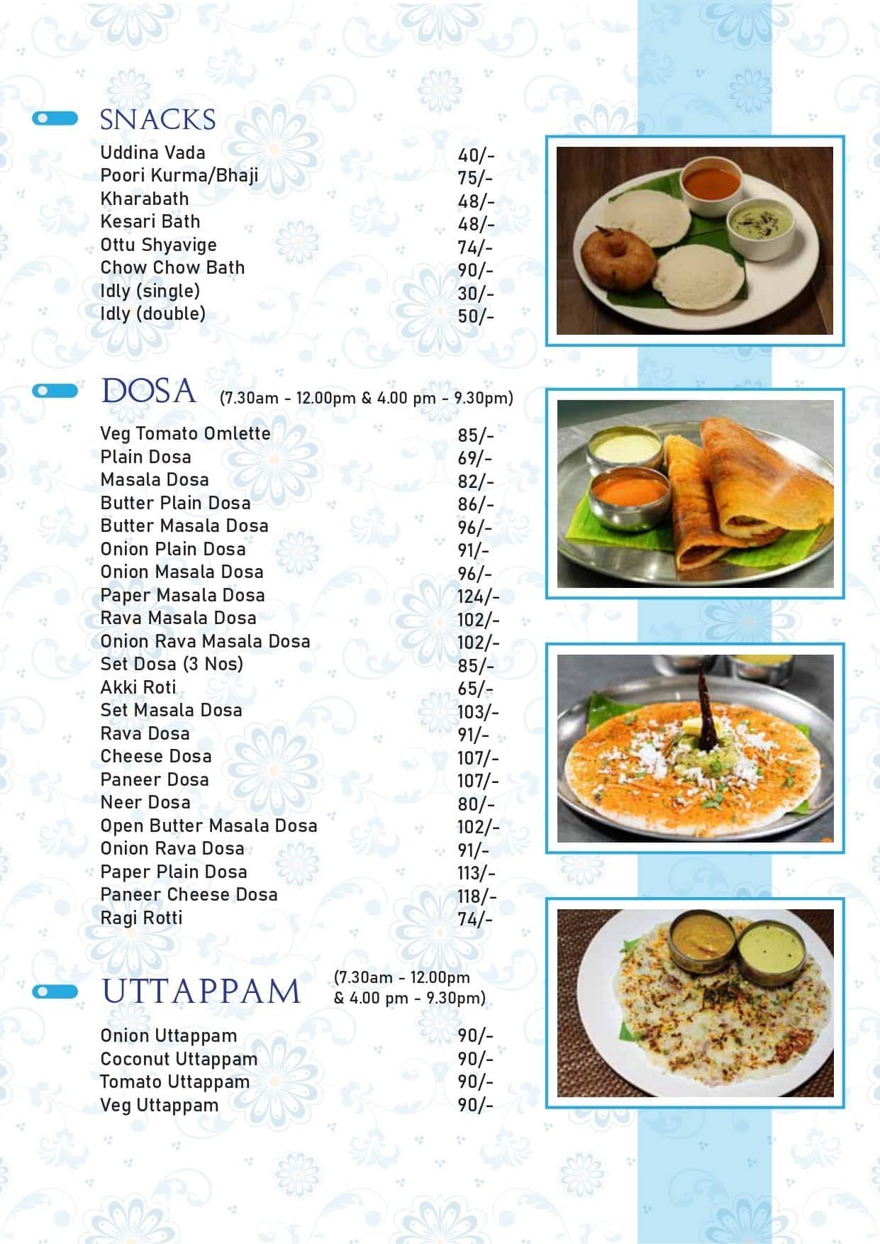 Menu of Neelanjana Mahesh Prasad, Kuvempunagar, Mysore