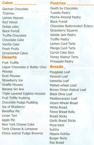 Menu at Tajsats, New Delhi, A-6