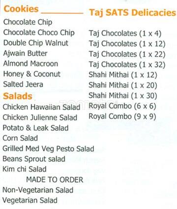 Menu at Tajsats, New Delhi, A-6
