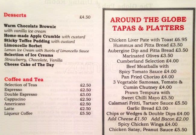Menu at The Globe pub & bar, London, 37 Bow Street