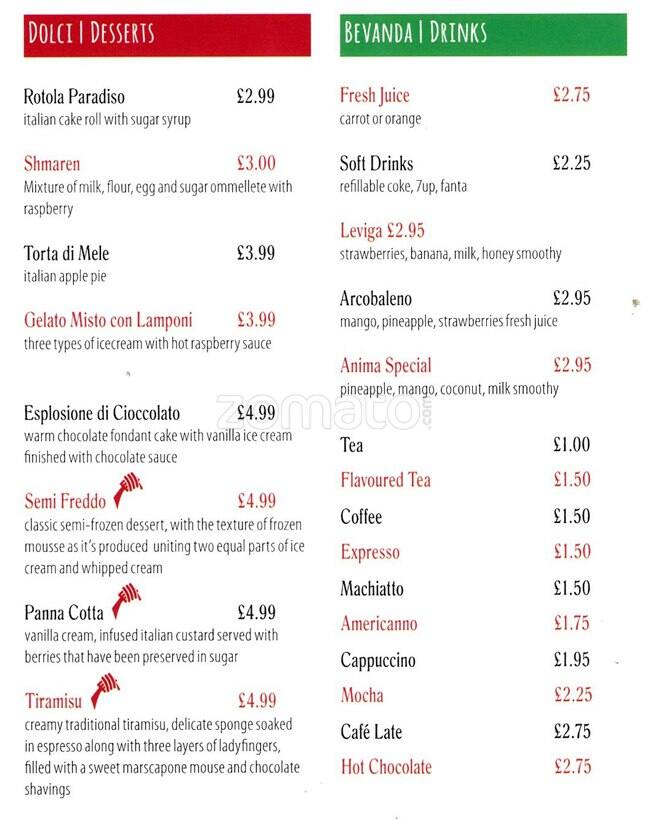 Menu at Anima D'Italia restaurant, London