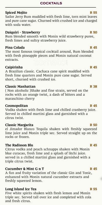 Menu at Radisson Blu Le Vendome Hotel, Cape Town restaurant, Cape Town