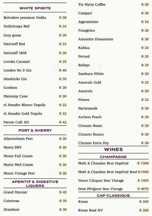 Menu at Radisson Blu Le Vendome Hotel, Cape Town restaurant, Cape Town