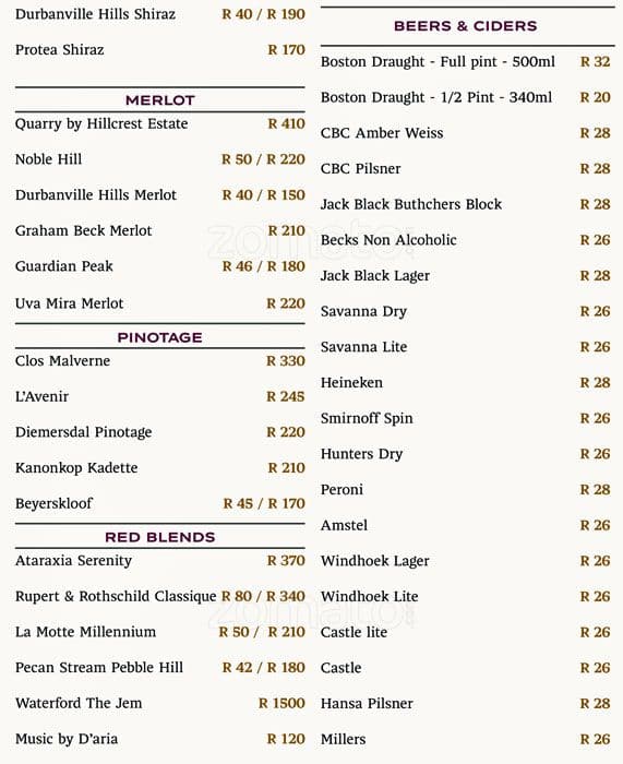 Menu at Radisson Blu Le Vendome Hotel, Cape Town restaurant, Cape Town