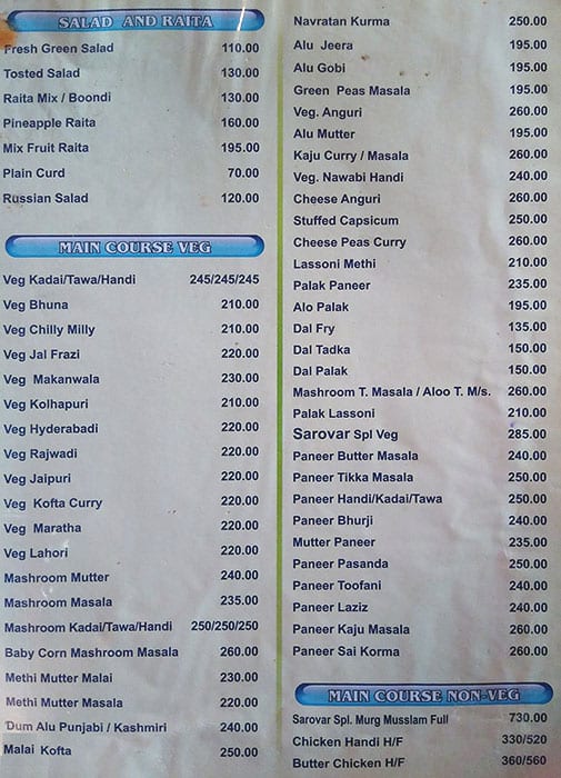 Menu of Sarovar Family Resto & Bar, Balewadi, Pune