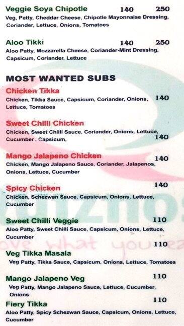 Menu at Quiznos, Kanathur, Mayajaal Multiplex