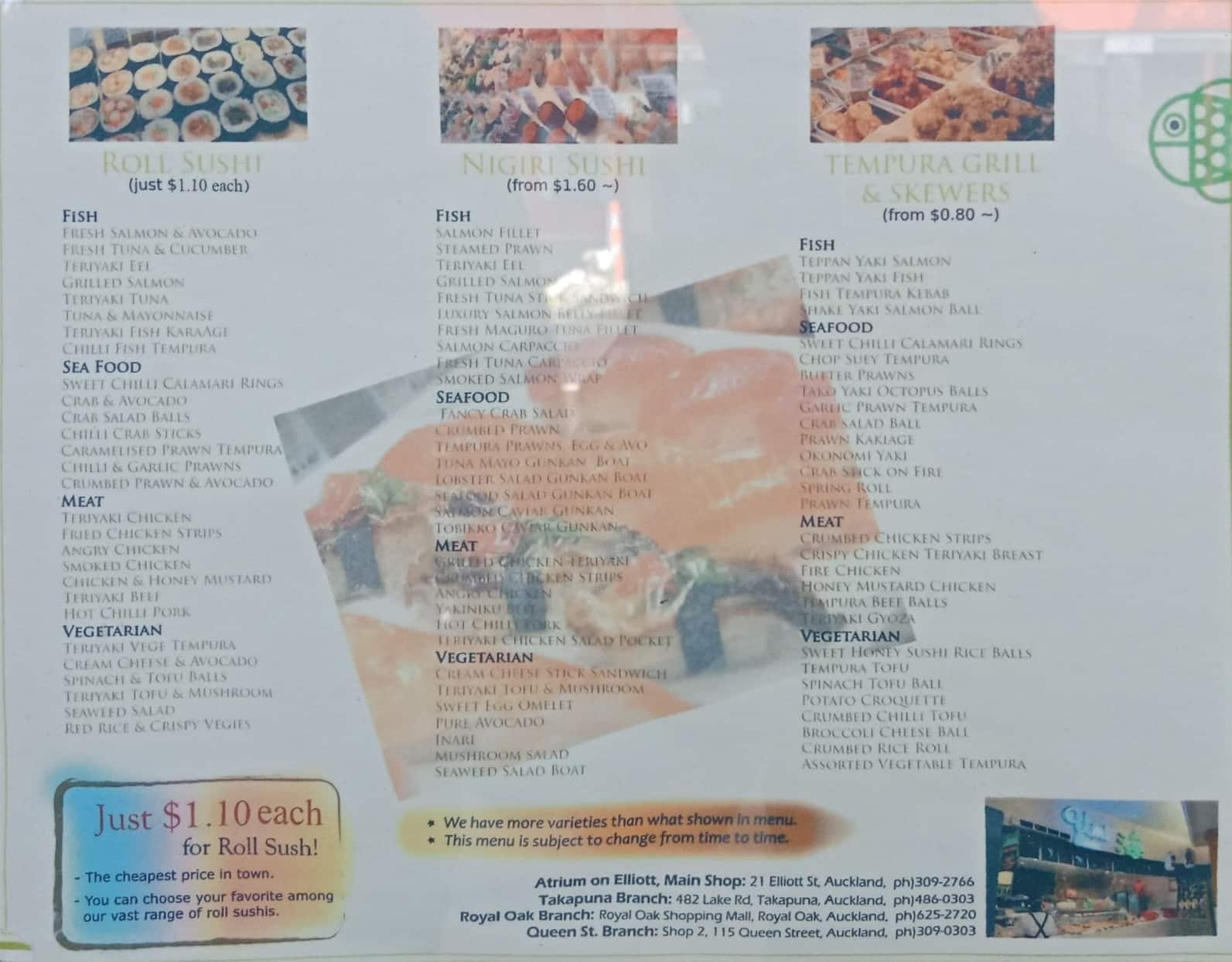 Menu at Umiya Sushi restaurant, Auckland, 2/115 Queen St