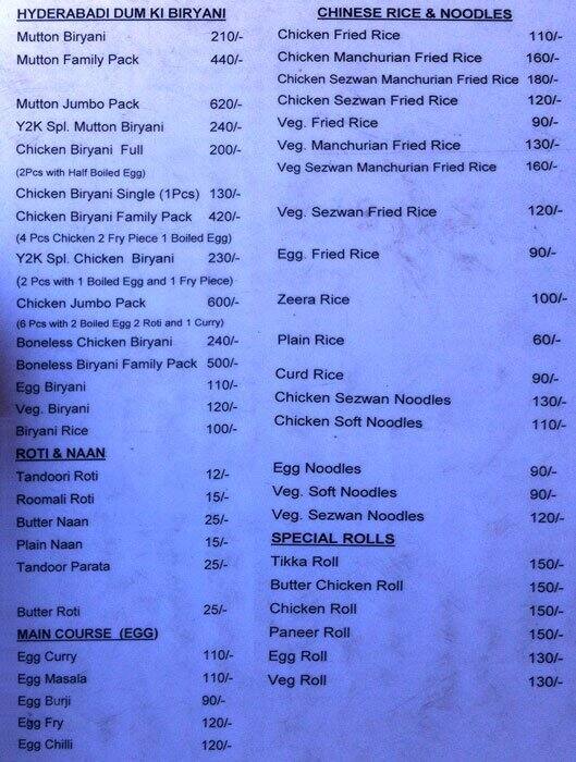 Y2K Restaurant a Hyderabad: Foto del Menu con Prezzi - Zomato