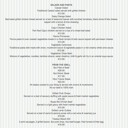 Menu at THE TREETOP RESTAURANT, Clondalkin