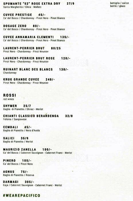 Menu at Pacifico pub & bar, Milan, Via della Moscova