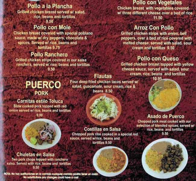 Menu at Taqueria Toluca restaurant, Charlotte, N Tryon St P