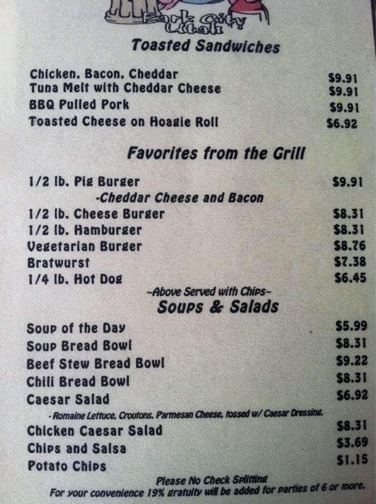 Menu of The Pig Pen Saloon, Park City, Salt Lake City
