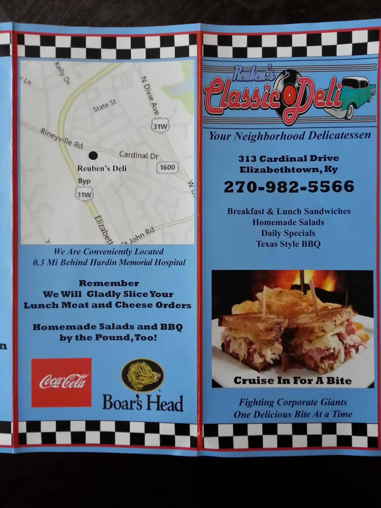 Menu at Reuben's Classic Deli restaurant, Elizabethtown