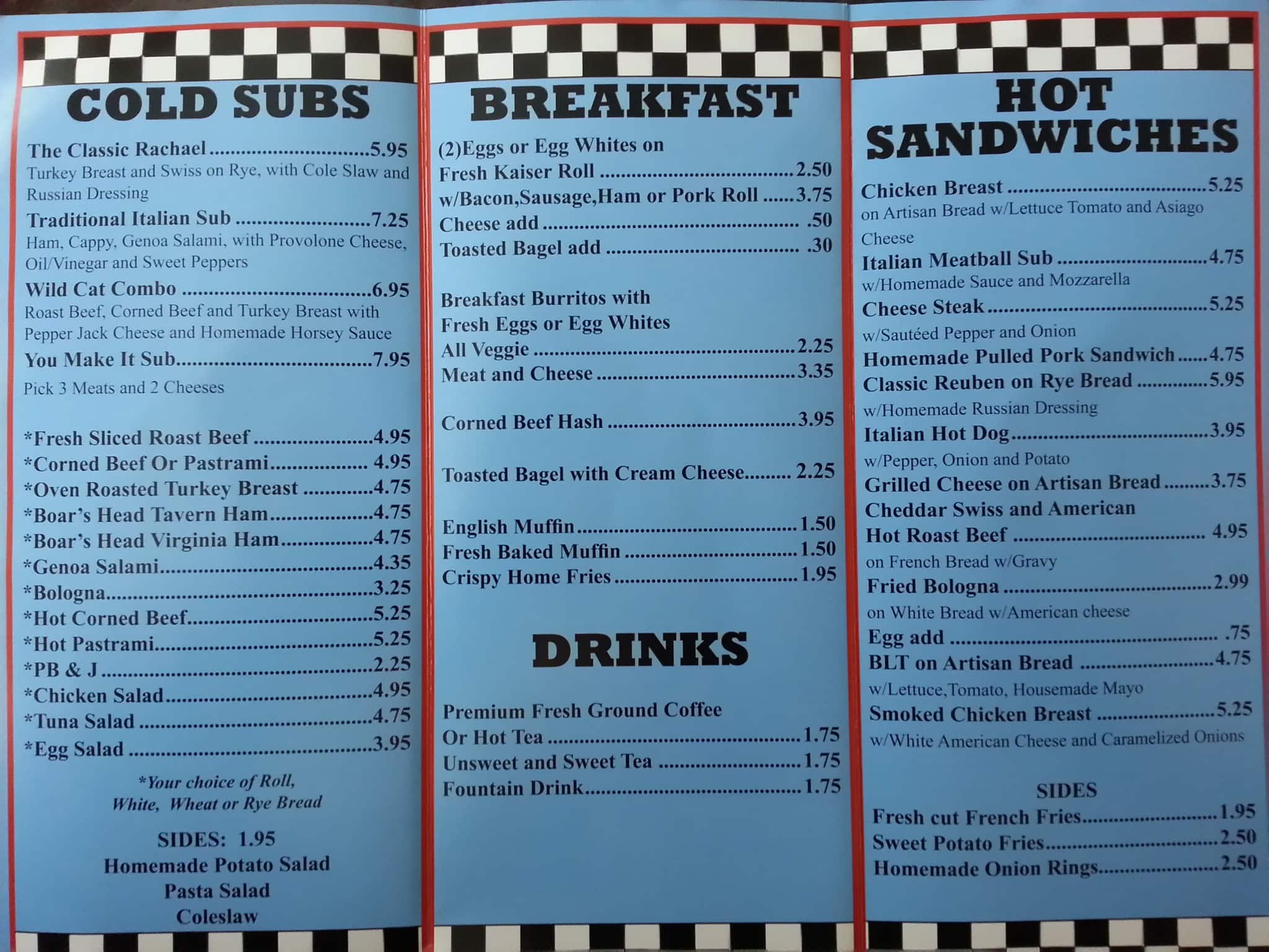 Menu at Reuben's Classic Deli restaurant, Elizabethtown