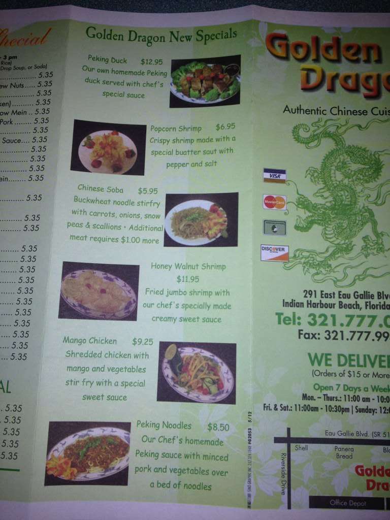 Menu at Golden Dragon restaurant, Satellite Beach, 291 E Eau Gallie Blvd