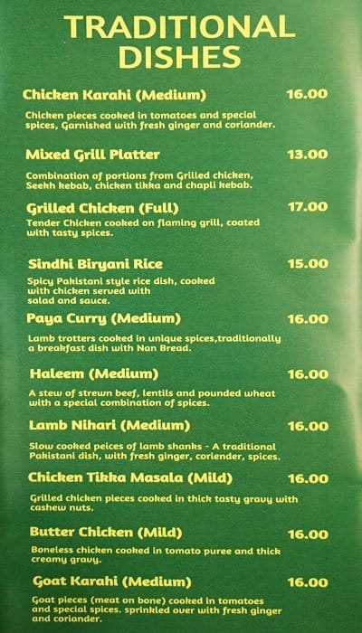 Menu at Taste of Pakistan restaurant, Fortitude Valley