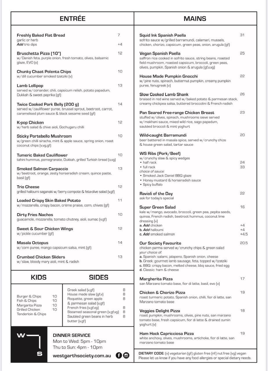 Menu at Westgarth Social cafe, Northcote