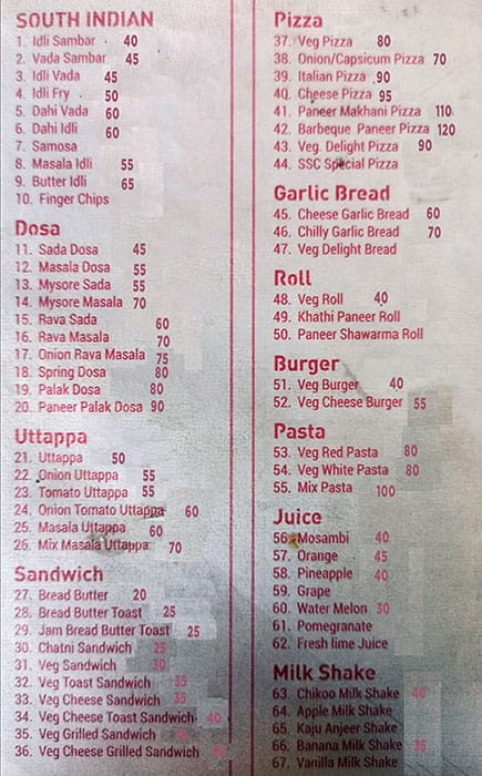 Menu at Southside Cafe, Surat