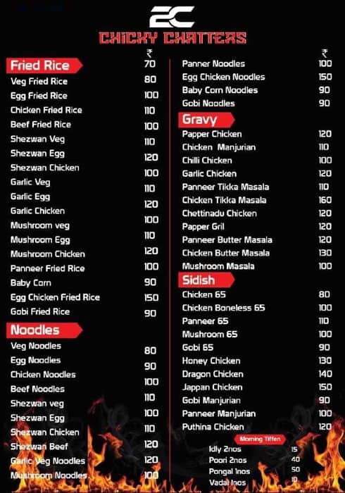 Menu of Chicky Chatters, Taramani, Chennai