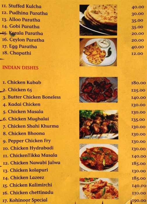 Menu at New Kohinoor, Mysuru
