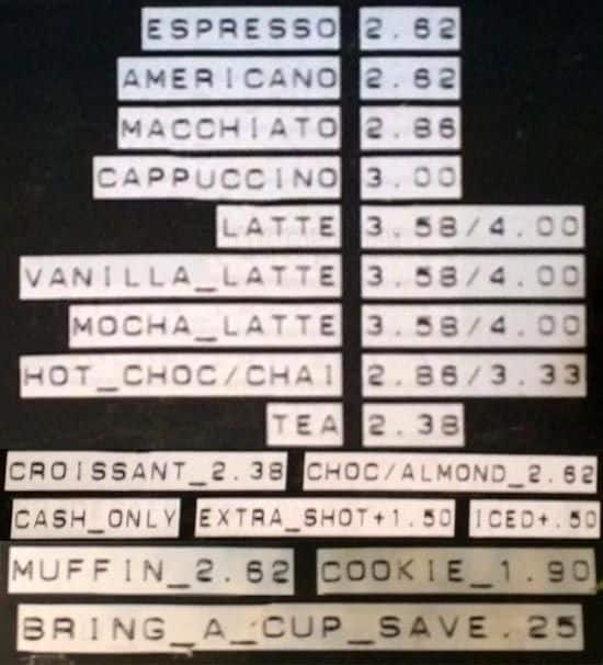 Menu at Sam James Coffee Bar - PATH, Toronto, 150 King St W