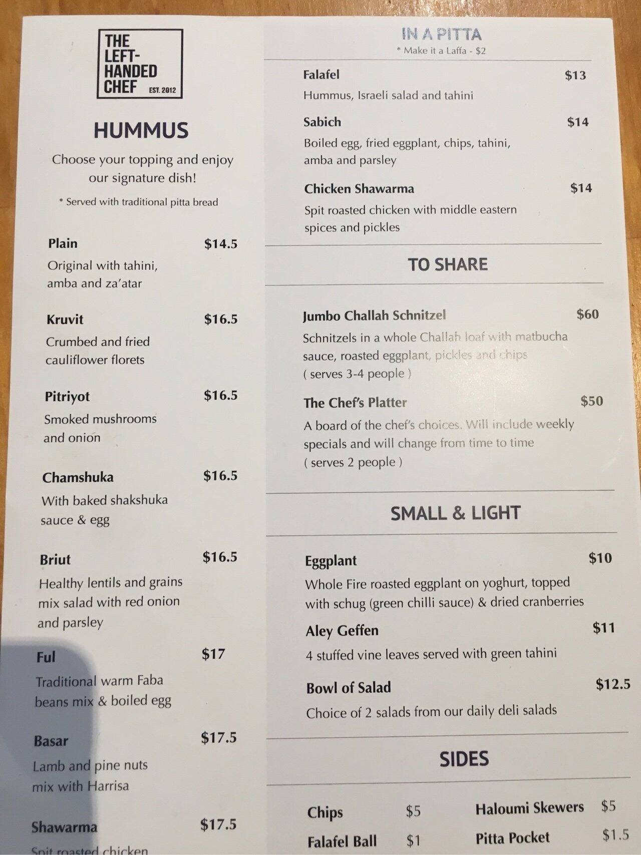 Menu at The Left Handed Chef restaurant, South Melbourne