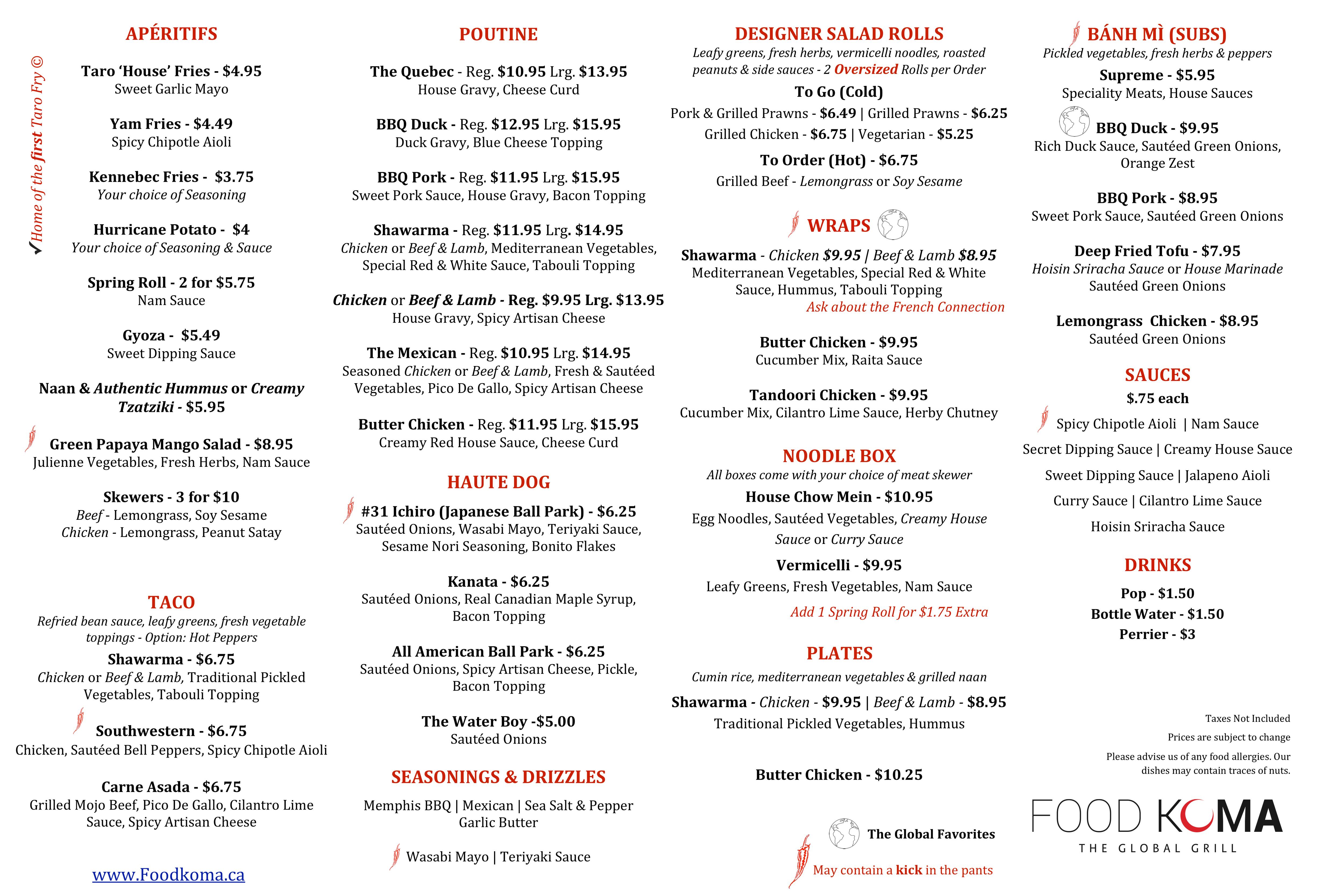 Menu at Food Koma - The Global Grill restaurant, Nanaimo