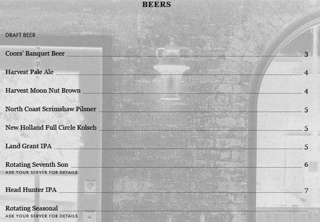 Menu at Harvest Bar + Kitchen - Clintonville, Columbus, N High St