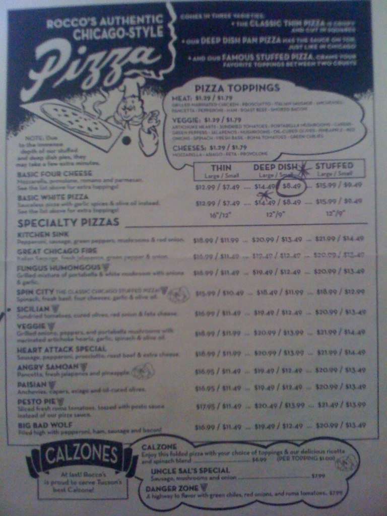 Menu at Rocco's Little Chicago pizzeria, Tucson