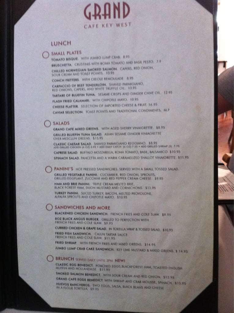 Menu at Grand Cafe Key West, Key West