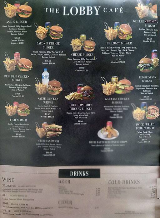 Menu at The Lobby Cafe Mascot, Mascot