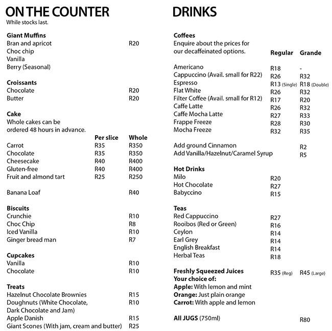 Menu at Christ Church Café restaurant, Midrand