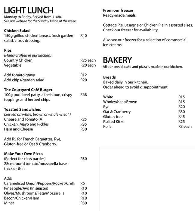 Menu at Christ Church Café restaurant, Midrand