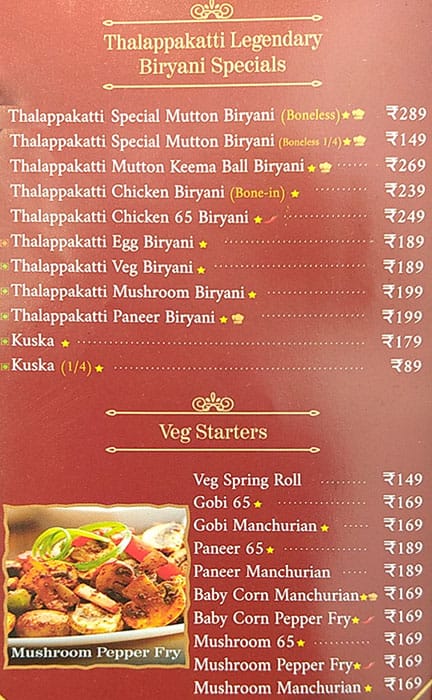 Menu at Dindigul Thalappakatti, Madurai, Bypass Road