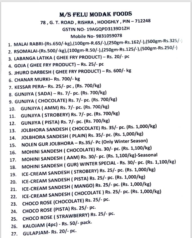 Menu of Felu Modak Foods, Rishra, Kolkata