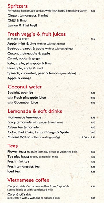 Menu at Pho restaurant, London, 15 Upper Cheapside Passage